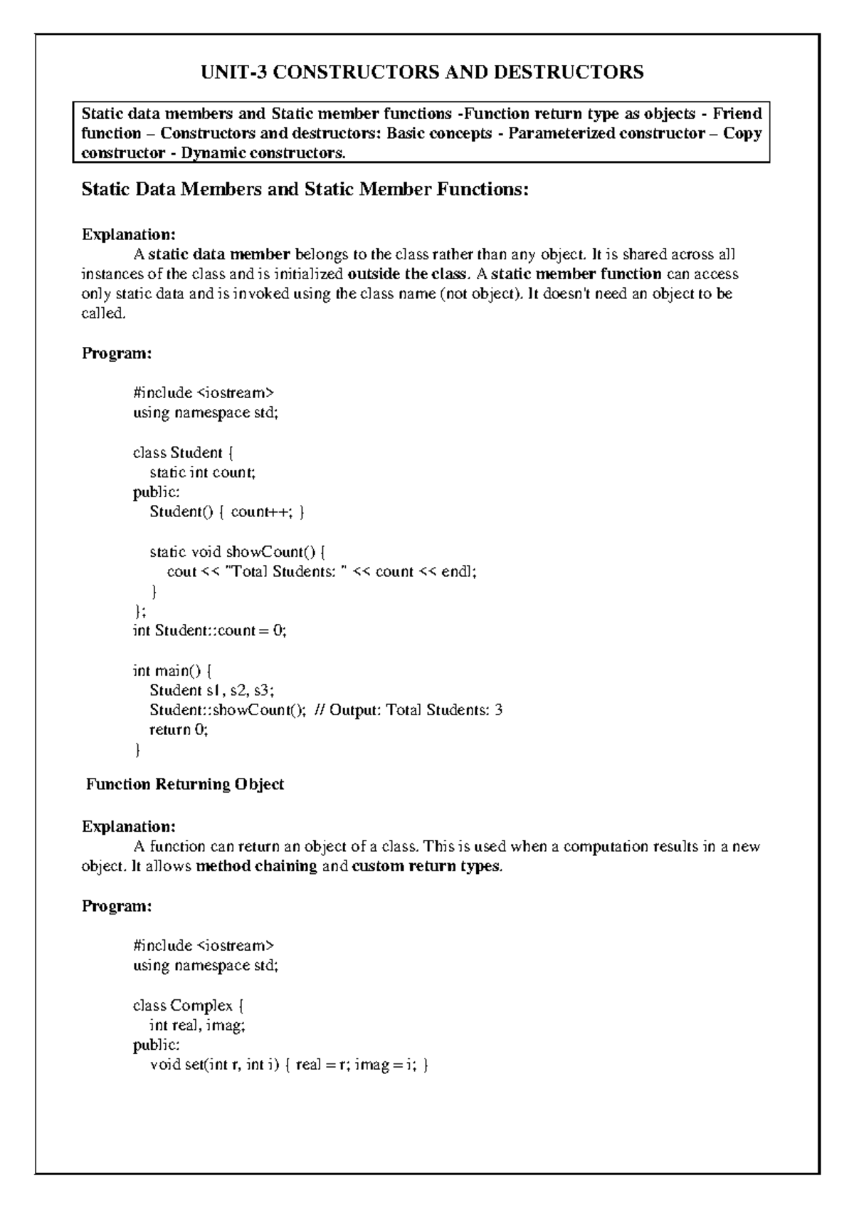 UNIT-3: Static Members, Constructors & Destructors Explained - Studocu