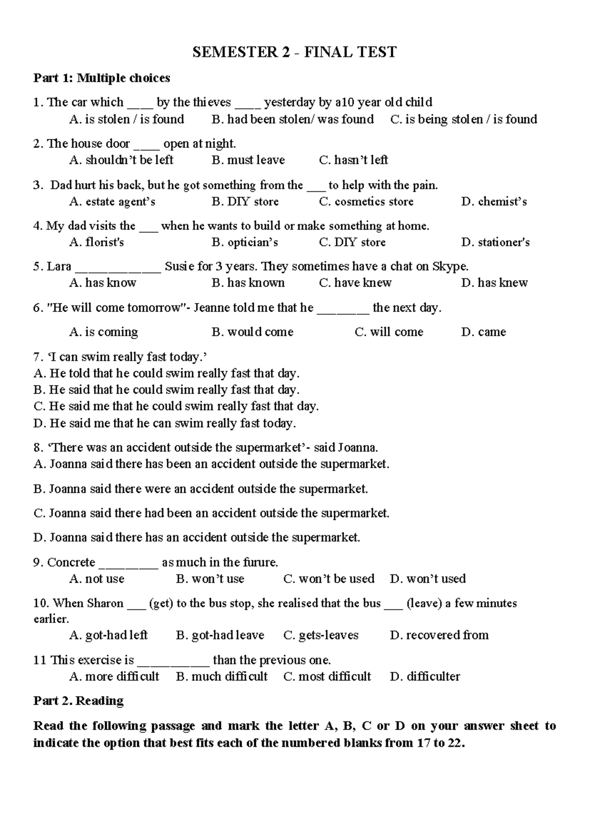 SEM 2 FINAL TEST: Multiple Choice & Reading Comprehension Review - Studocu