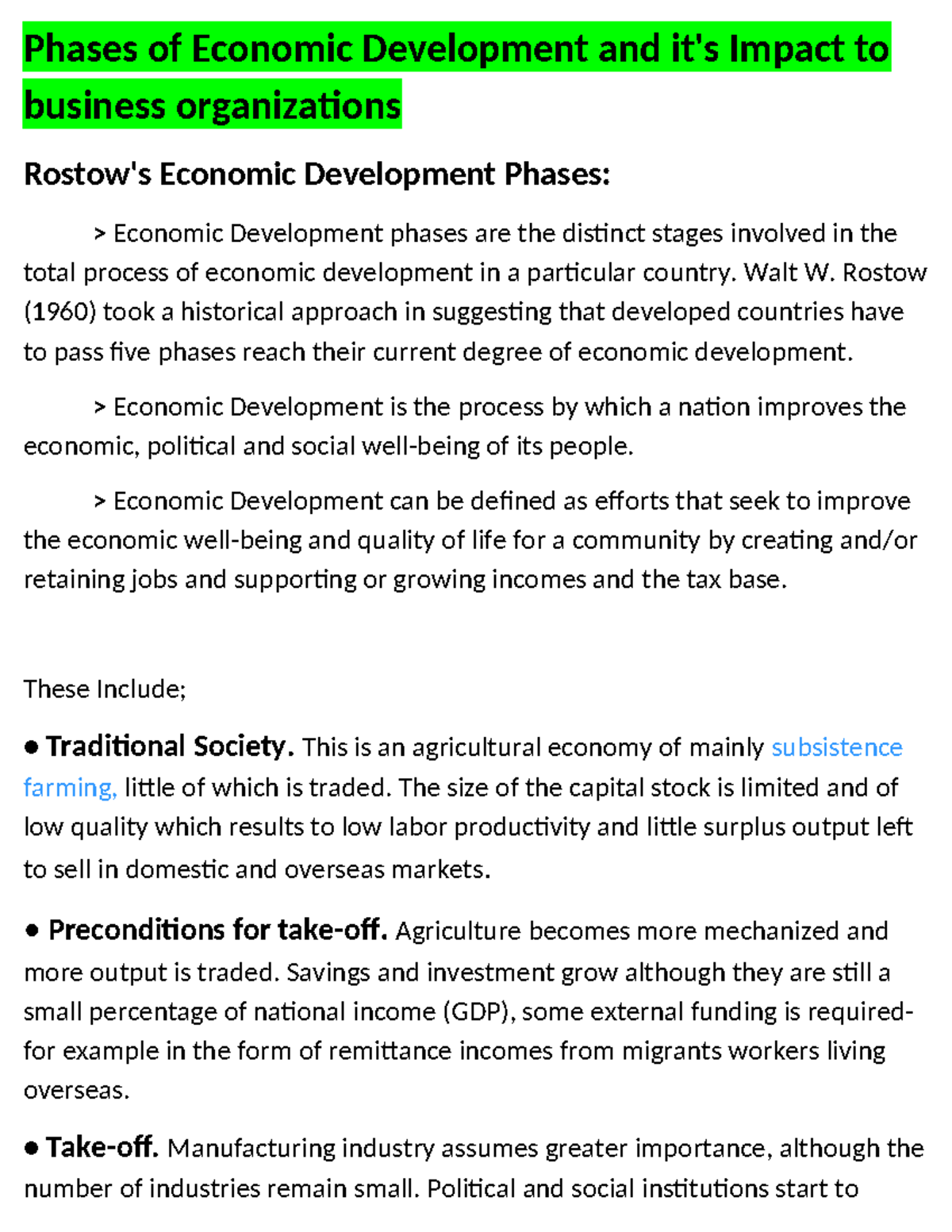 Phases of Economic Development - Walt W. Rostow (1960) took a ...