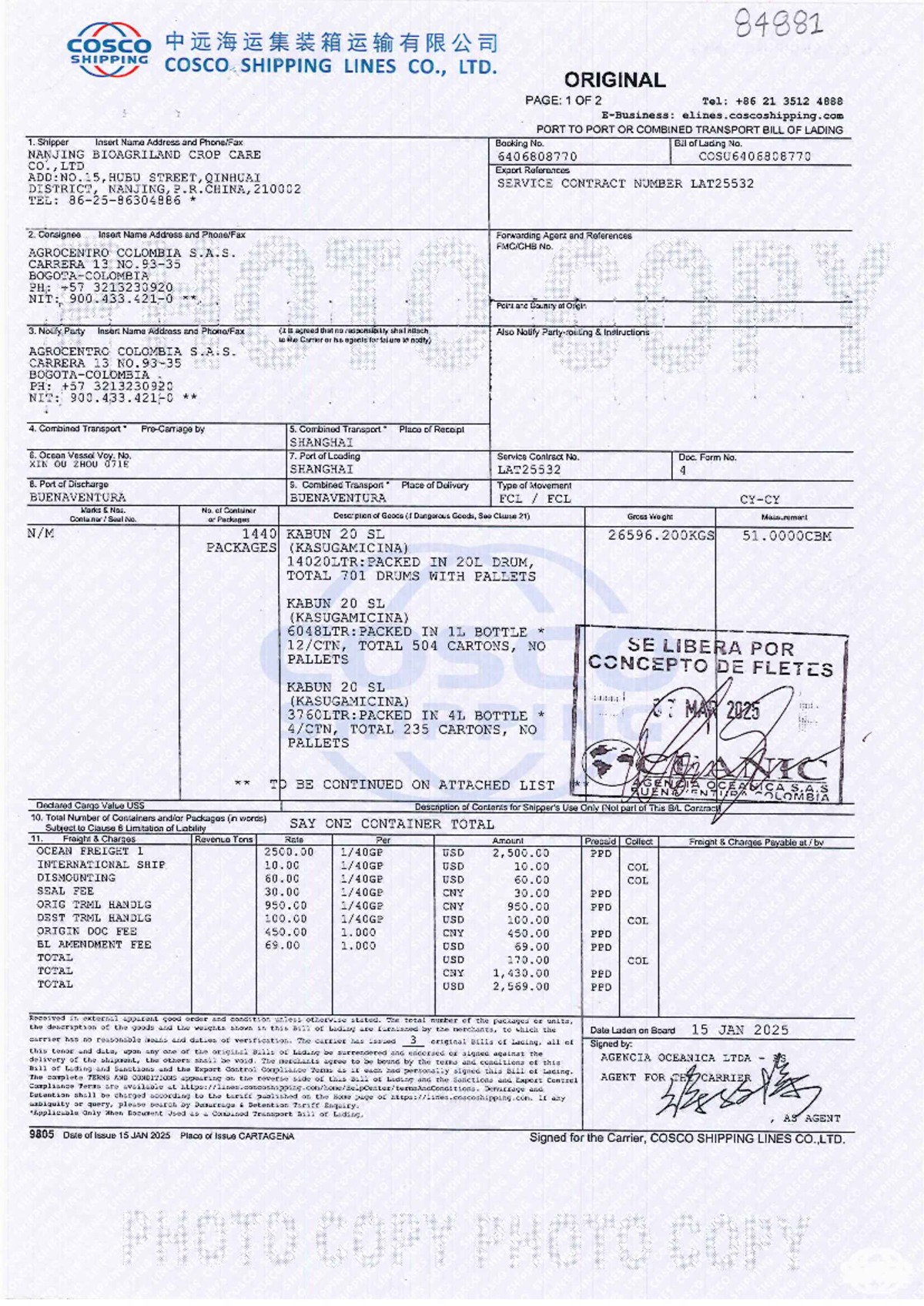 BL 84881 - COSCO SHIPPING LINES Bill of Lading Details - Studocu