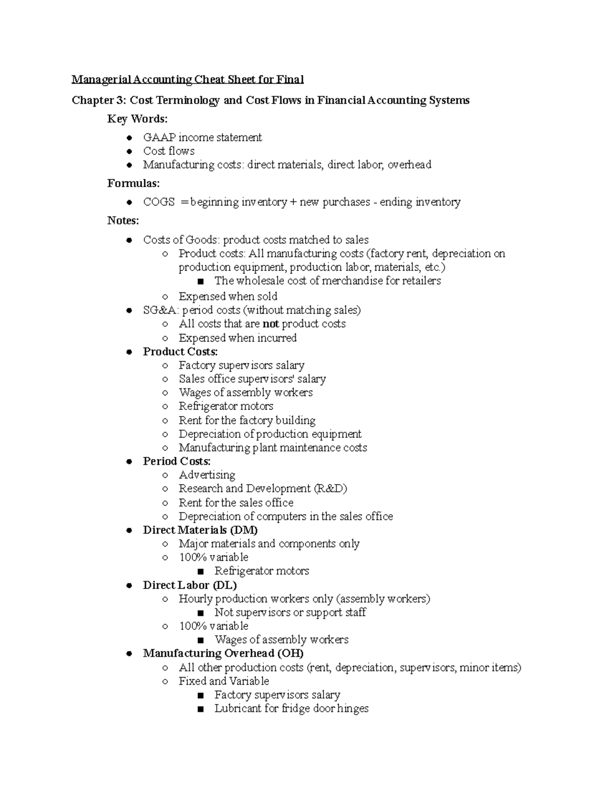 Managerial Accounting Final Exam Cheat Sheet for Chapters 3-4 - Studocu