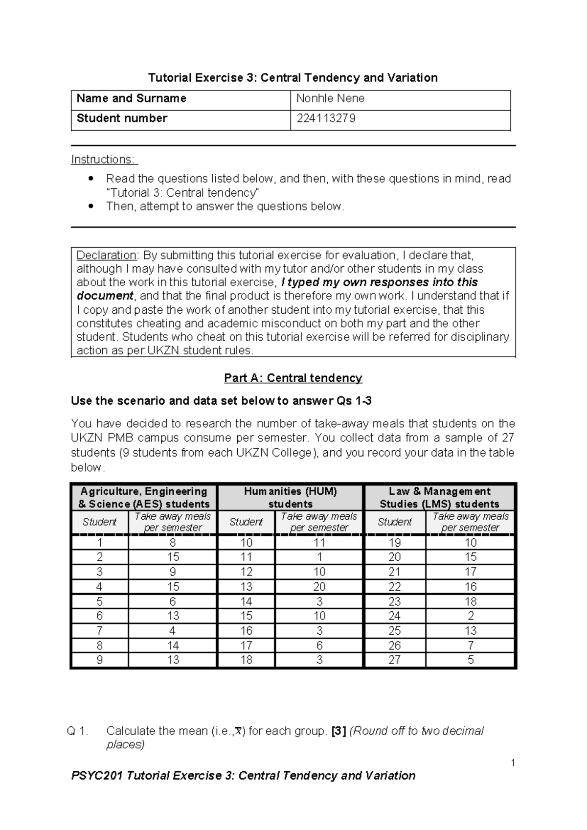 Tutorial Exercise 3: Central Tendency & Variation Analysis - Studocu