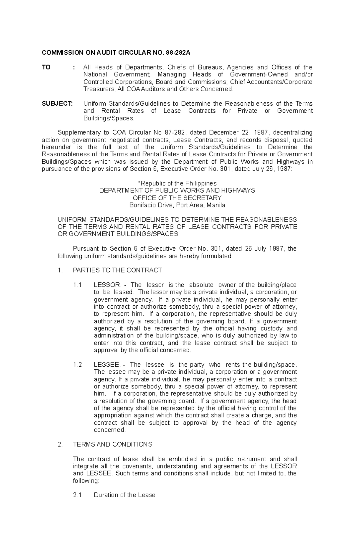 COA Circular No. 88-282A: Guidelines for Lease Contract Rental Rates ...