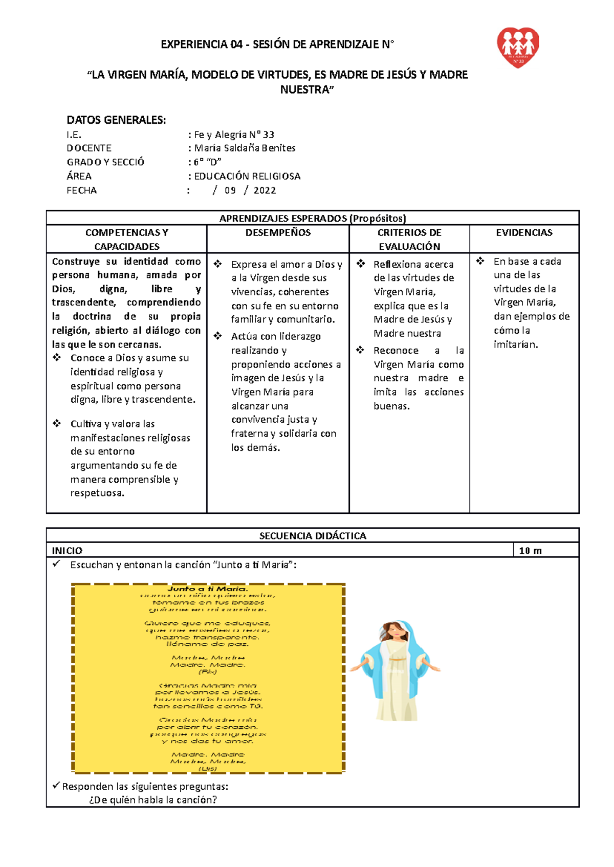 Sesión- Virtudes DE LA Virgen María - EXPERIENCIA 04 - SESIÓN DE APRENDIZAJE N° “LA VIRGEN MARÍA ...