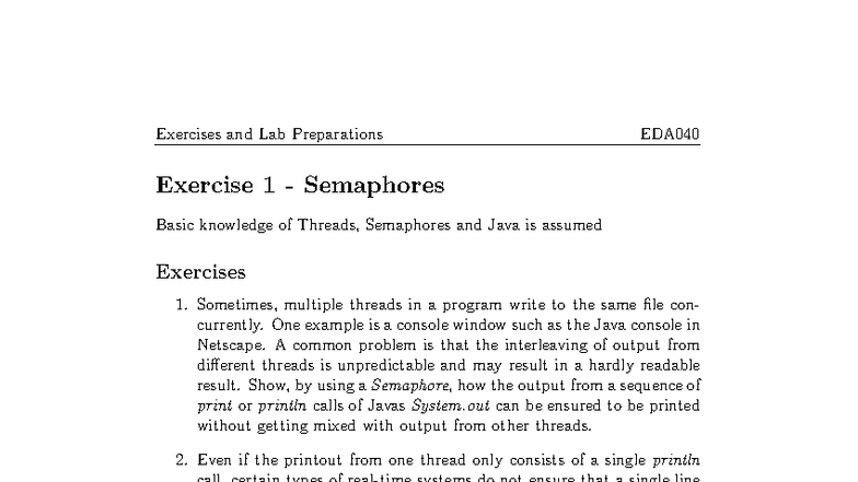 Exercises and Lab Preparations EDA040: Semaphore Basics and Alarm Clock ...
