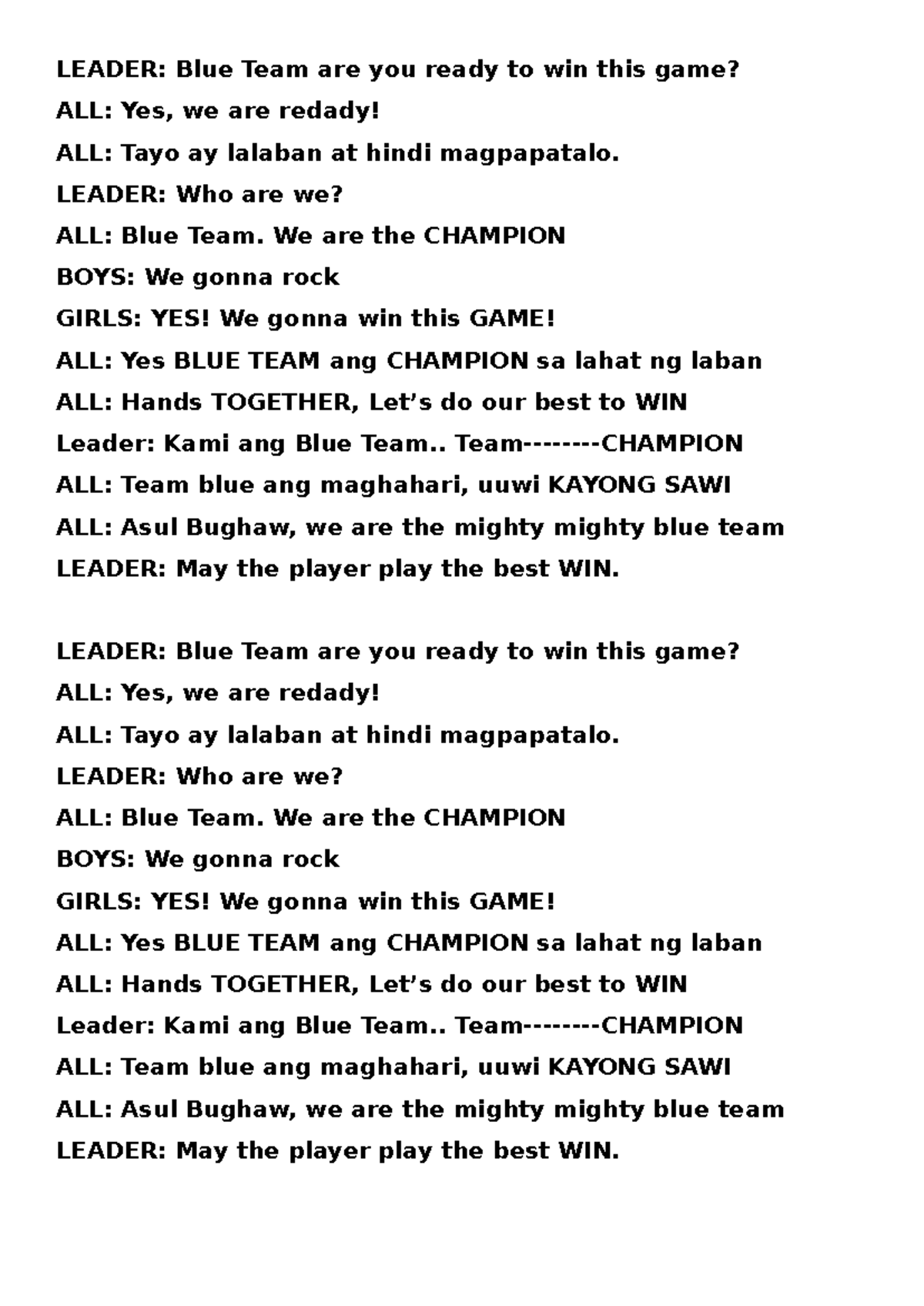 Blue Team Chant: We are the Champions! - Studocu
