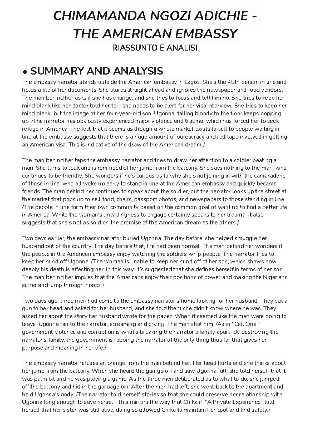 CHIMAMANDA NGOZI ADICHIE: THE AMERICAN EMBASSY SUMMARY & ANALYSIS - Studocu