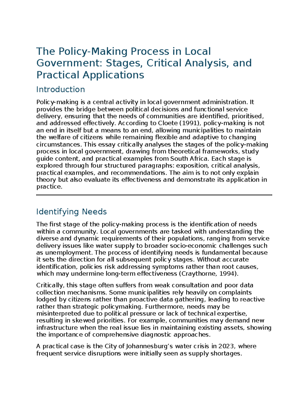 Local Government Policy Process: Stages and Practical Insights - Studocu