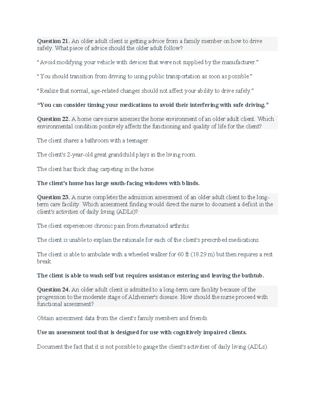NURS 2245 Practice Questions on Geriatric Care and ADLs - Studocu