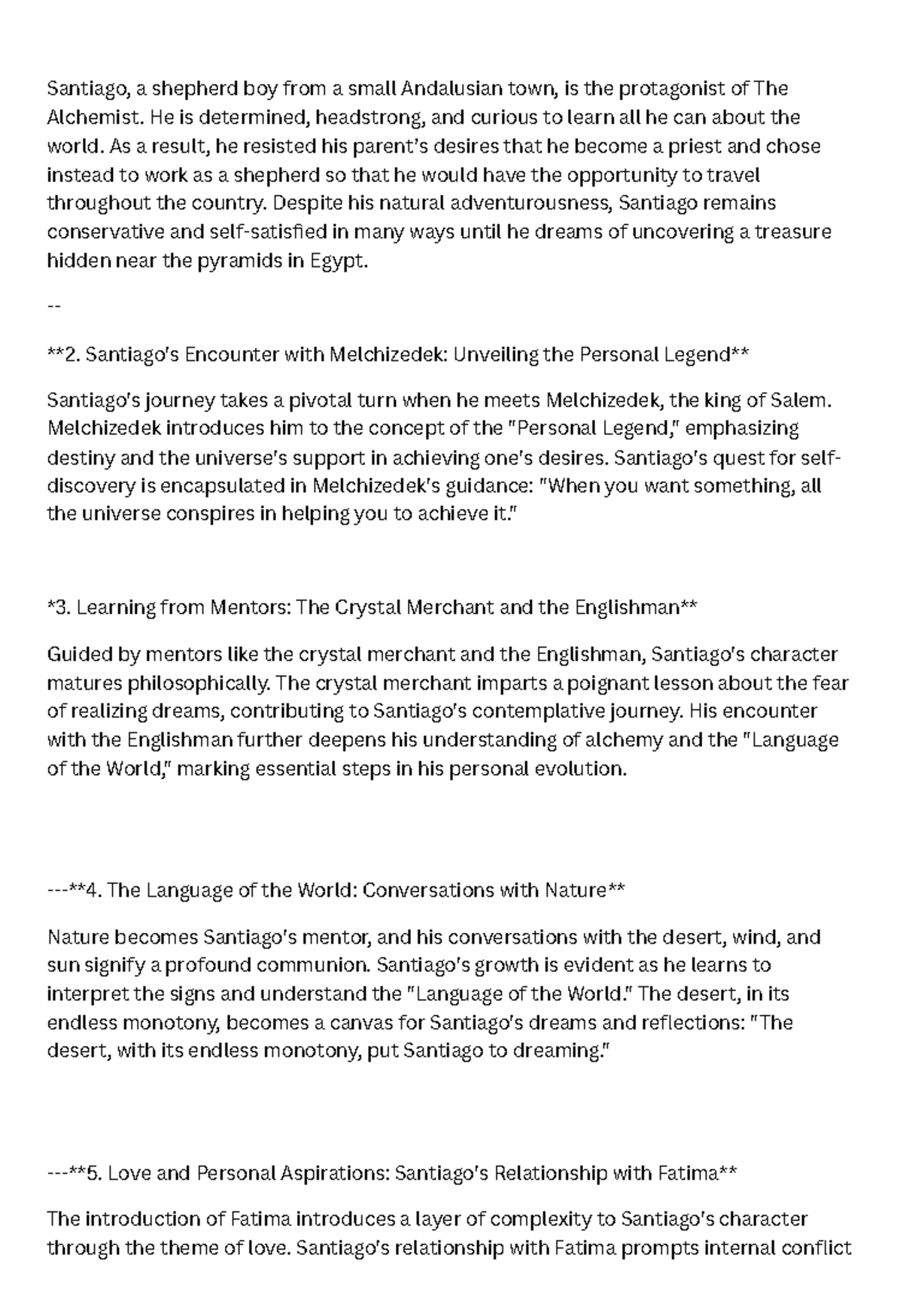 Santiago's Character Evolution in Coelho's "The Alchemist" Essay Notes ...