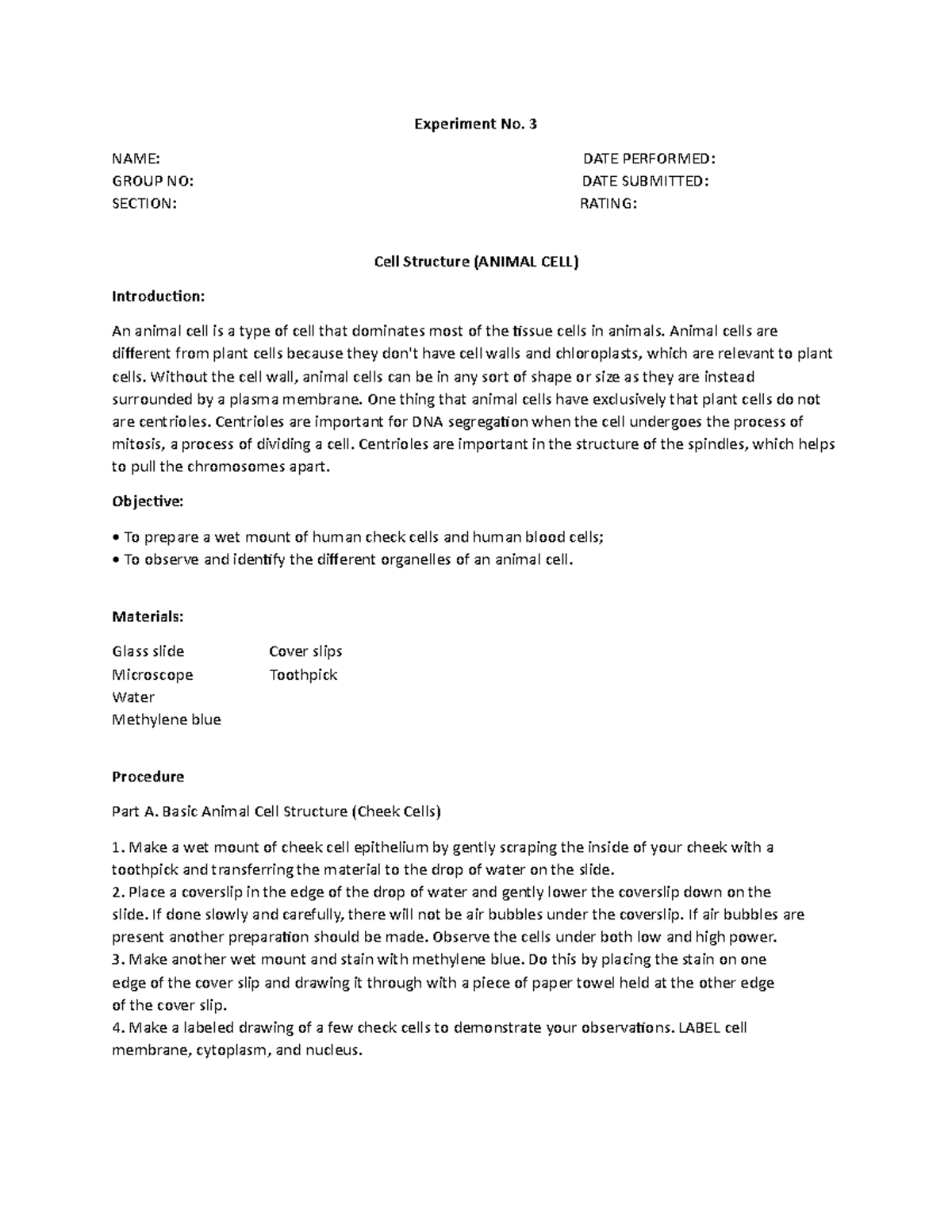 Animal Cells LAB Manual - Experiment No. 3 NAME: DATE PERFORMED: GROUP NO: DATE SUBMITTED ...