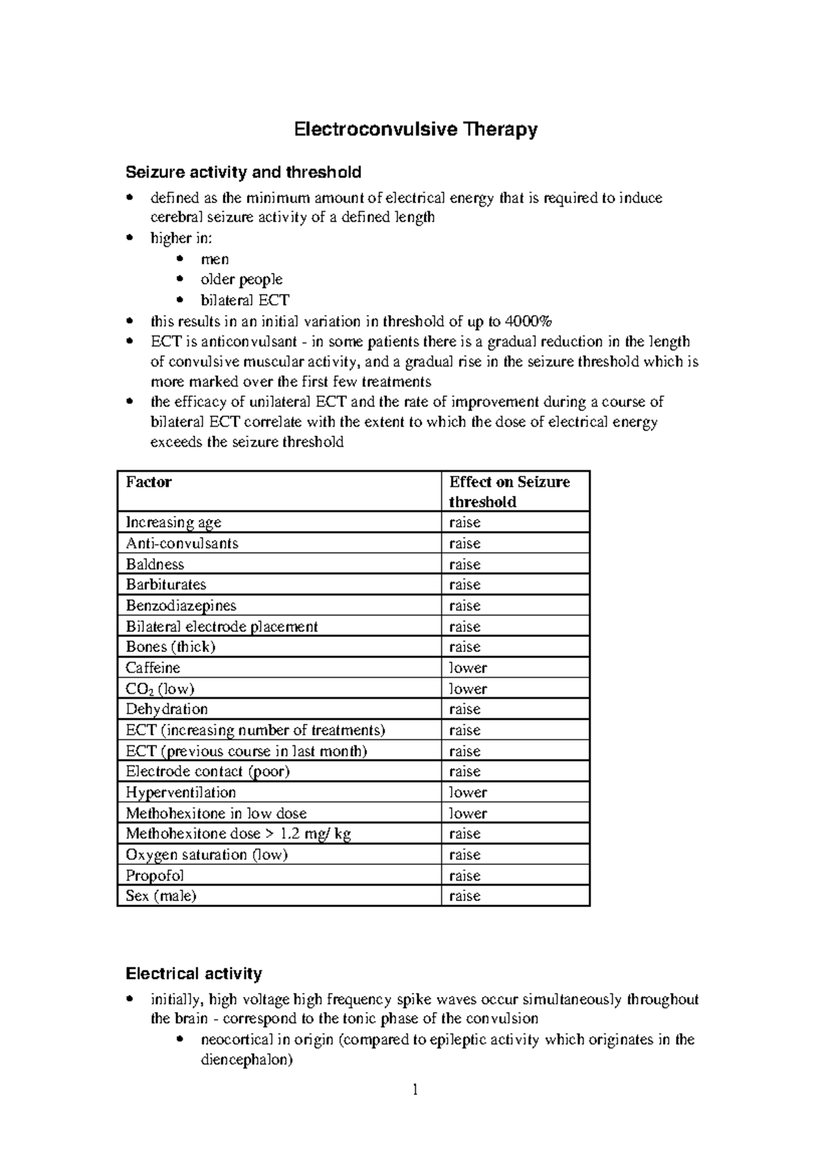 ECT: Seizure Activity and Threshold in Electroconvulsive Therapy - Studocu