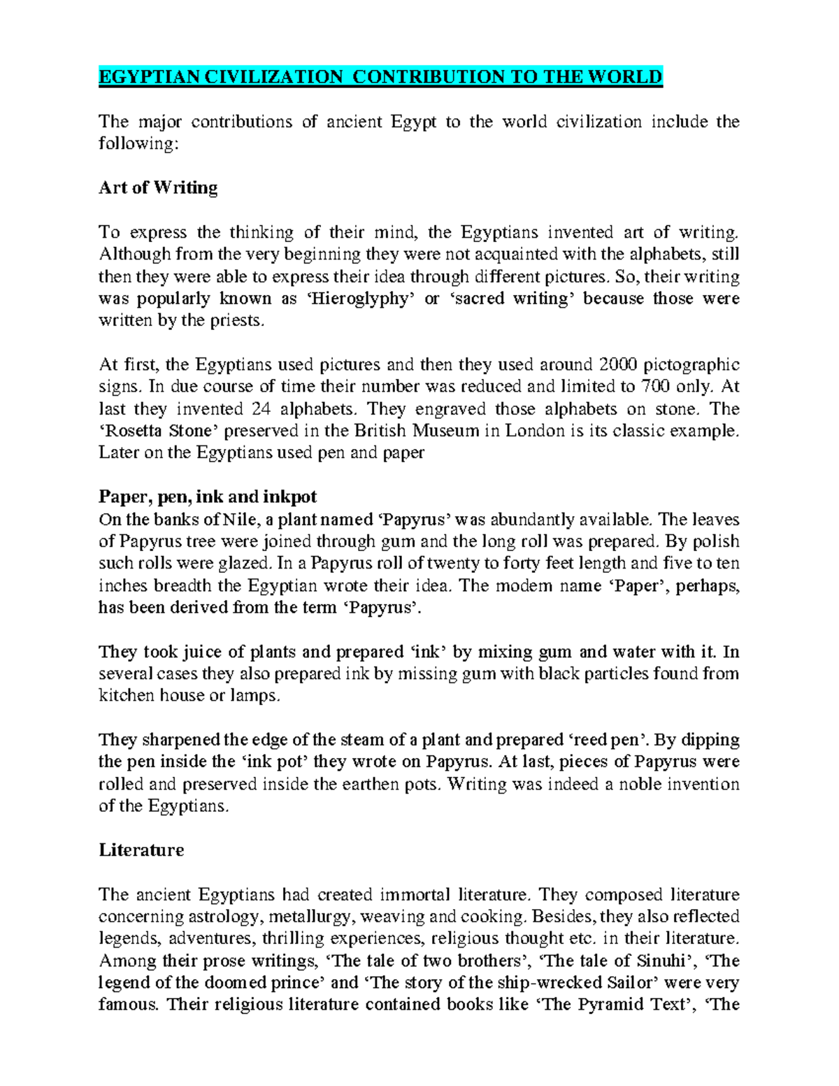 4B. Contributions of Ancient Egyptian Civilization to Humanity - Studocu