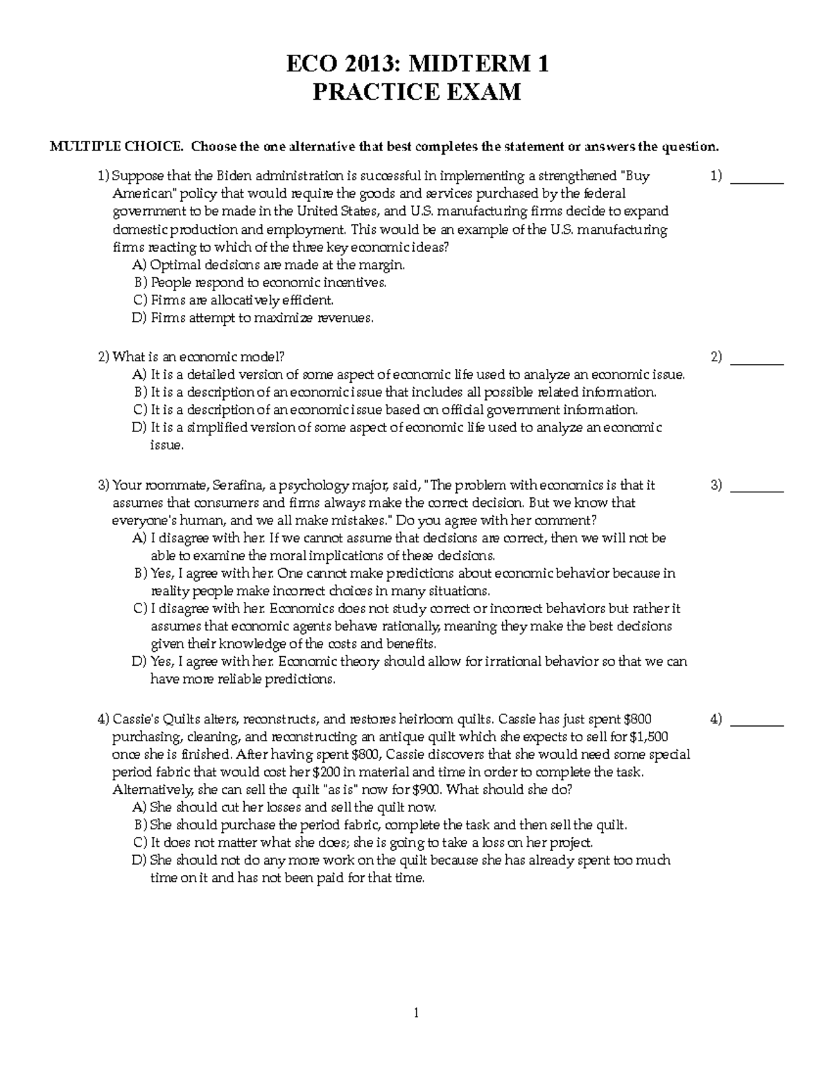 ECO 2013: MIDTERM 1 PRACTICE EXAM Q&A GUIDE - Studocu