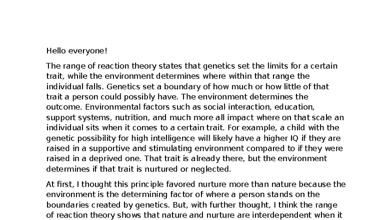 Discussion 2-1 - Hello everyone! The range of reaction theory states ...