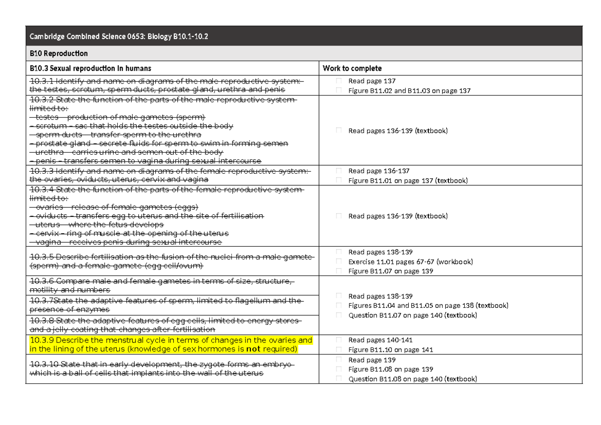 Cambridge Combined Science 0653: Biology B10 Study Guide on Human ...