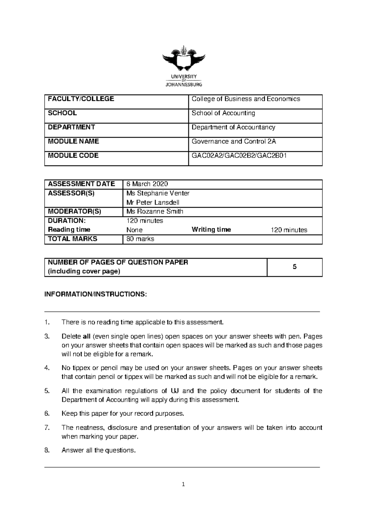 2020 Question Paper - TEST 1 - FACULTY/COLLEGE College of Business and ...