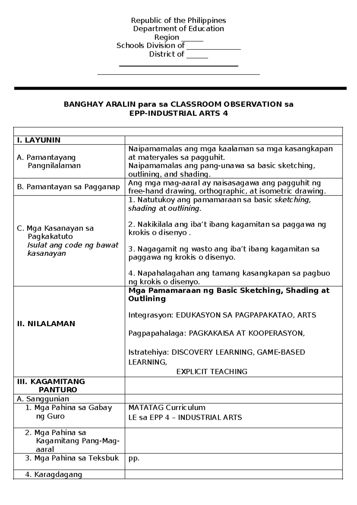 CO EPP 4 Industrial Arts Lesson Plan: Basic Sketching Techniques - Studocu