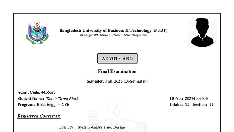 BUBT CSE Final Exam Admit Card - Fall 2025 (ID: 20234103406) - Studocu