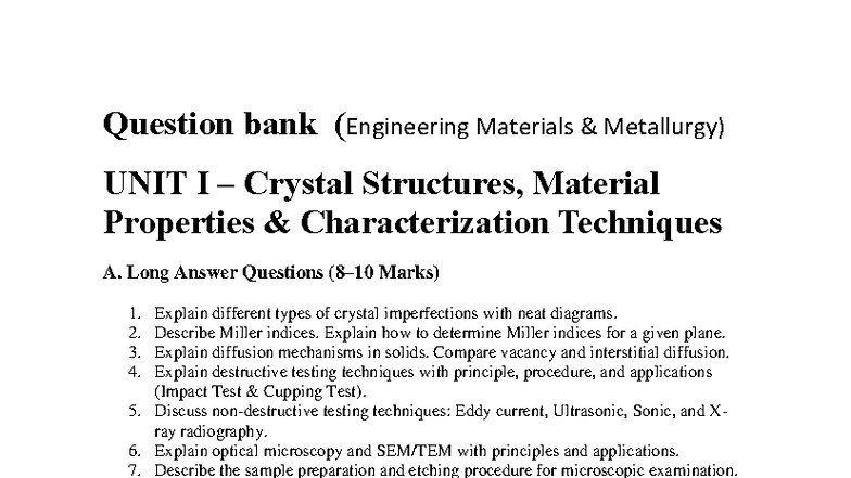 Question Bank (ENGR 101) - Materials & Metallurgy: Crystal Structures ...