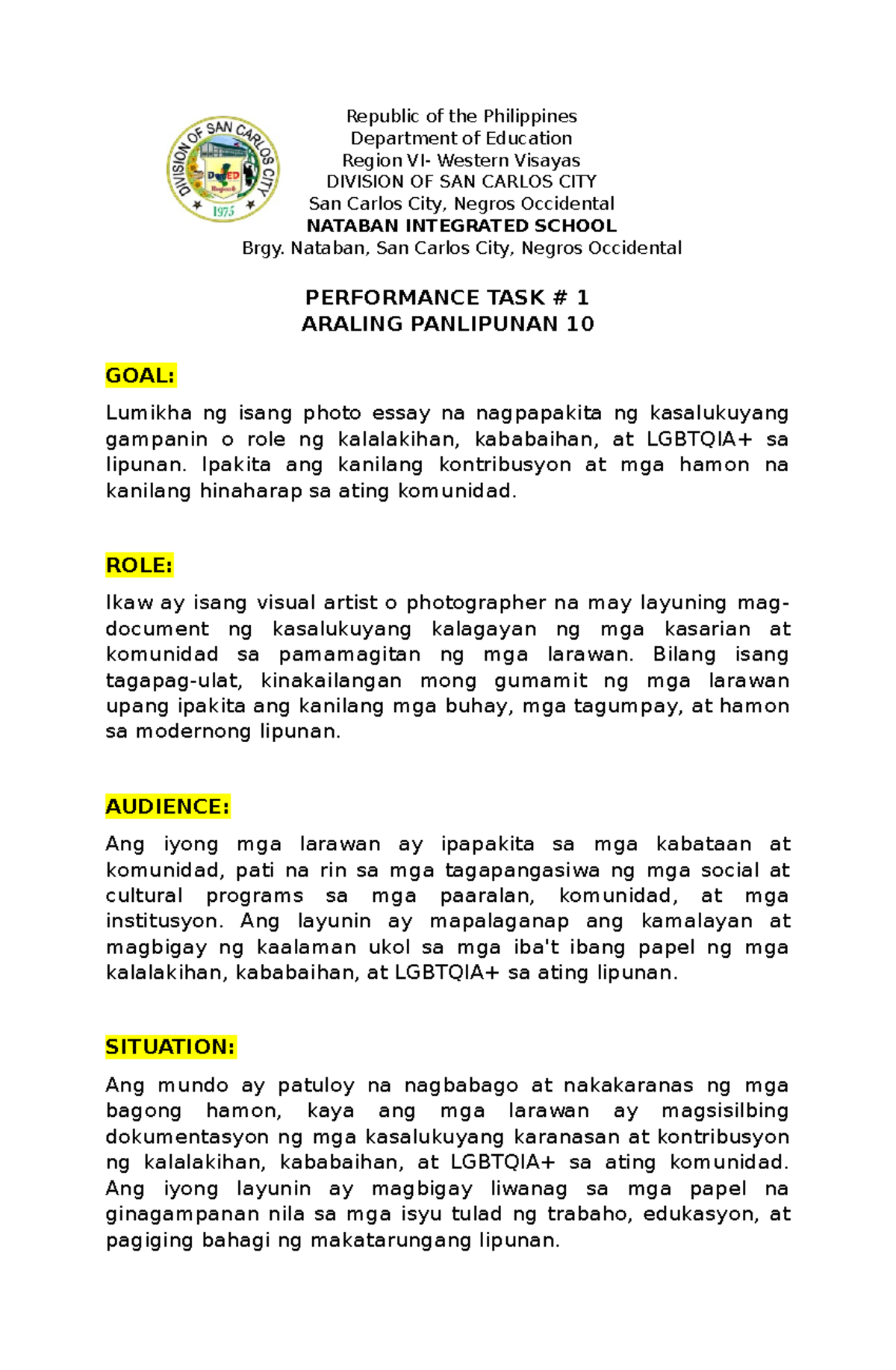 First Performance TASK AP10 Q3 - Republic of the Philippines Department ...