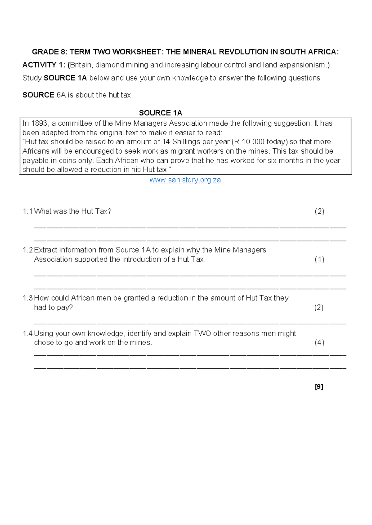 Grade 8 History T2: Worksheets on The Mineral Revolution Insights - Studocu