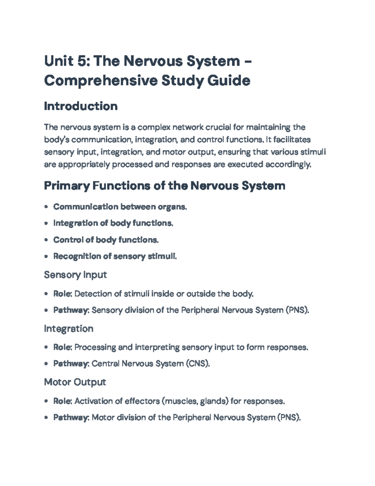 Unit 5: Nervous System Comprehensive Study Guide (BIO101) - Unit 5: The ...