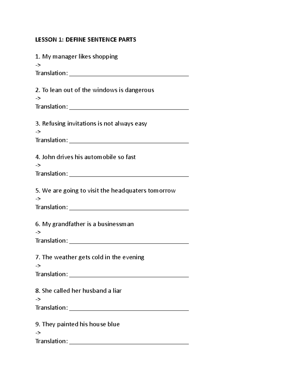 Lesson 1: Define Sentence Parts Exercise (jknkj) - Studocu