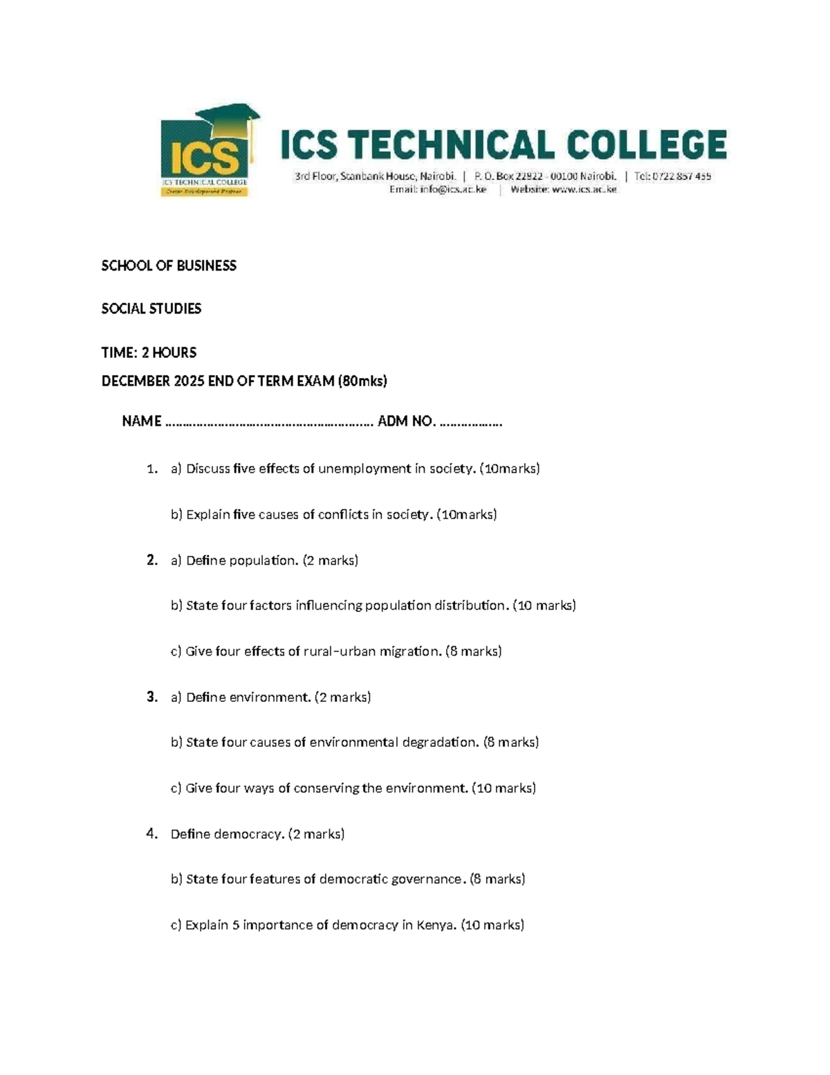 BUSINESS SCHOOL SOCIAL STUDIES DEC 2025 END OF TERM EXAM - Studocu