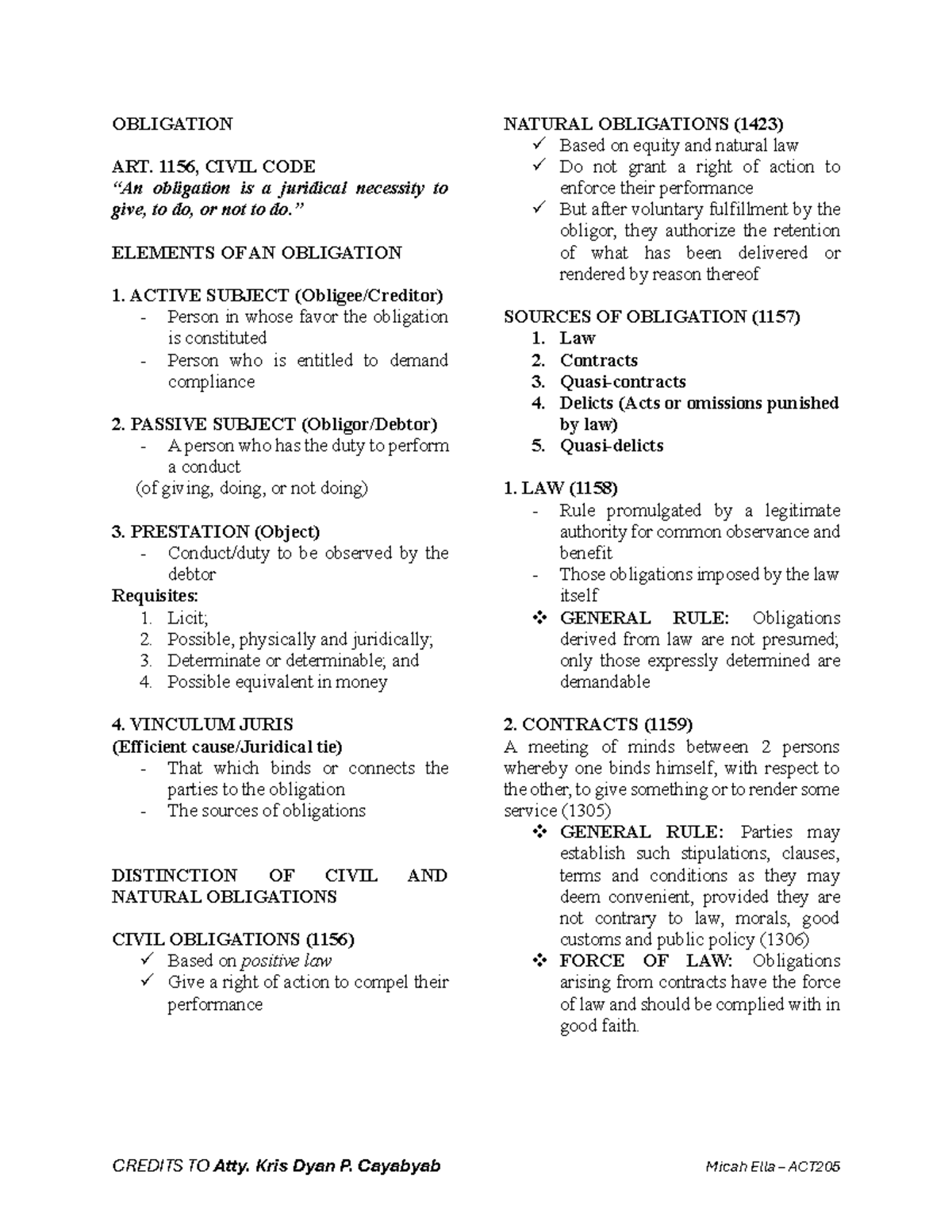 ACT205 Obligations: Key Concepts and Elements in Civil Code - Studocu