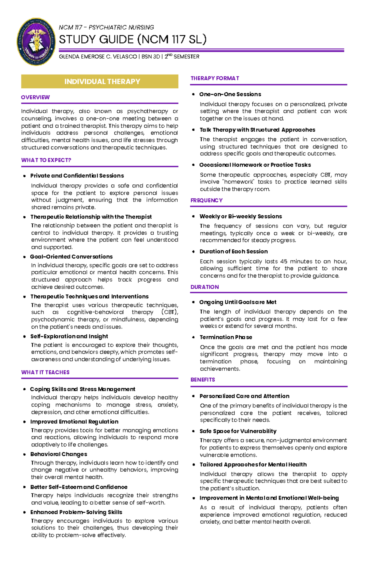 NCM 117 PSYCHIATRIC NURSING STUDY GUIDE: Individual & Family Therapy ...