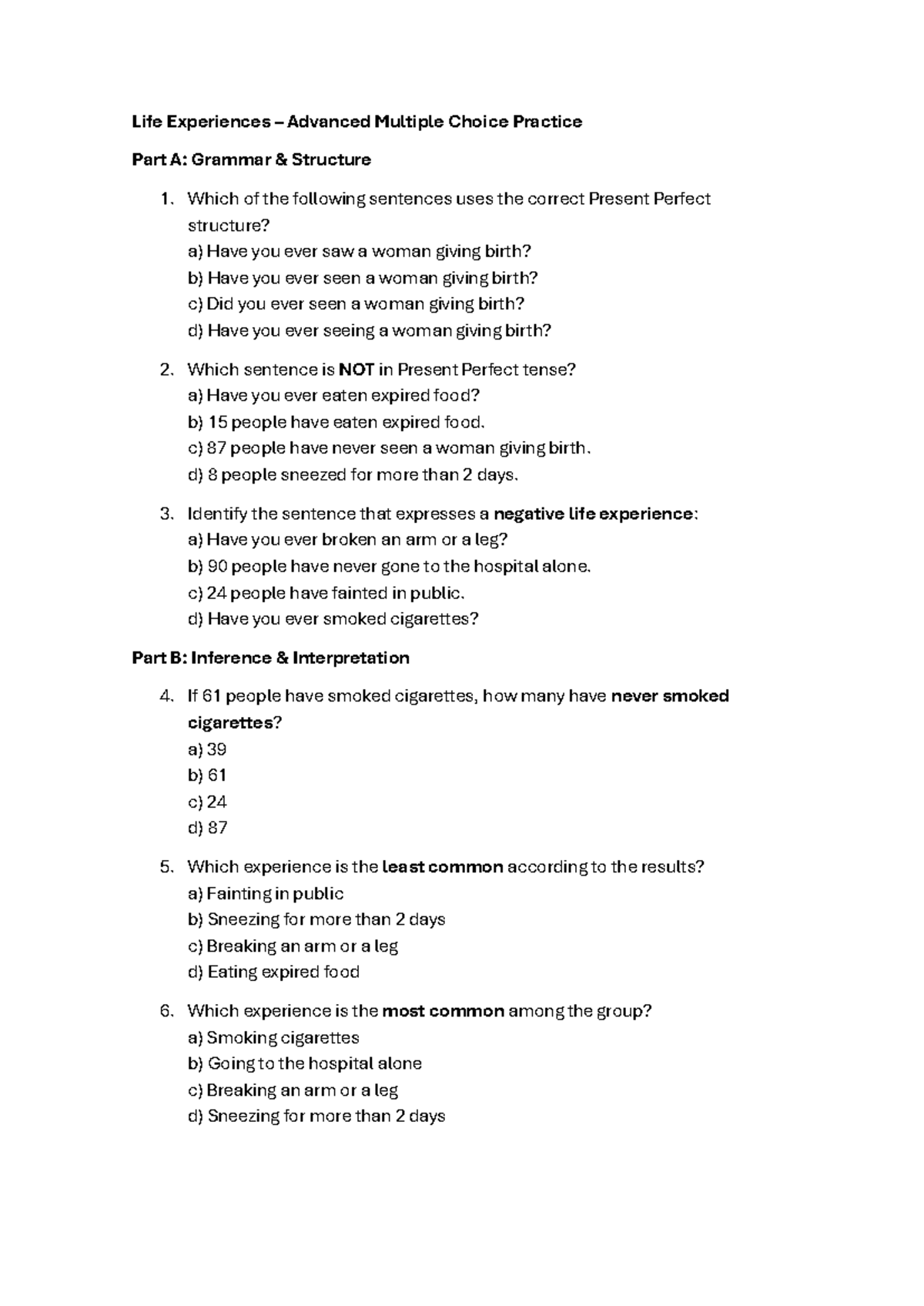 Advanced MC Practice: Life Experiences & Grammar Structure - Studocu