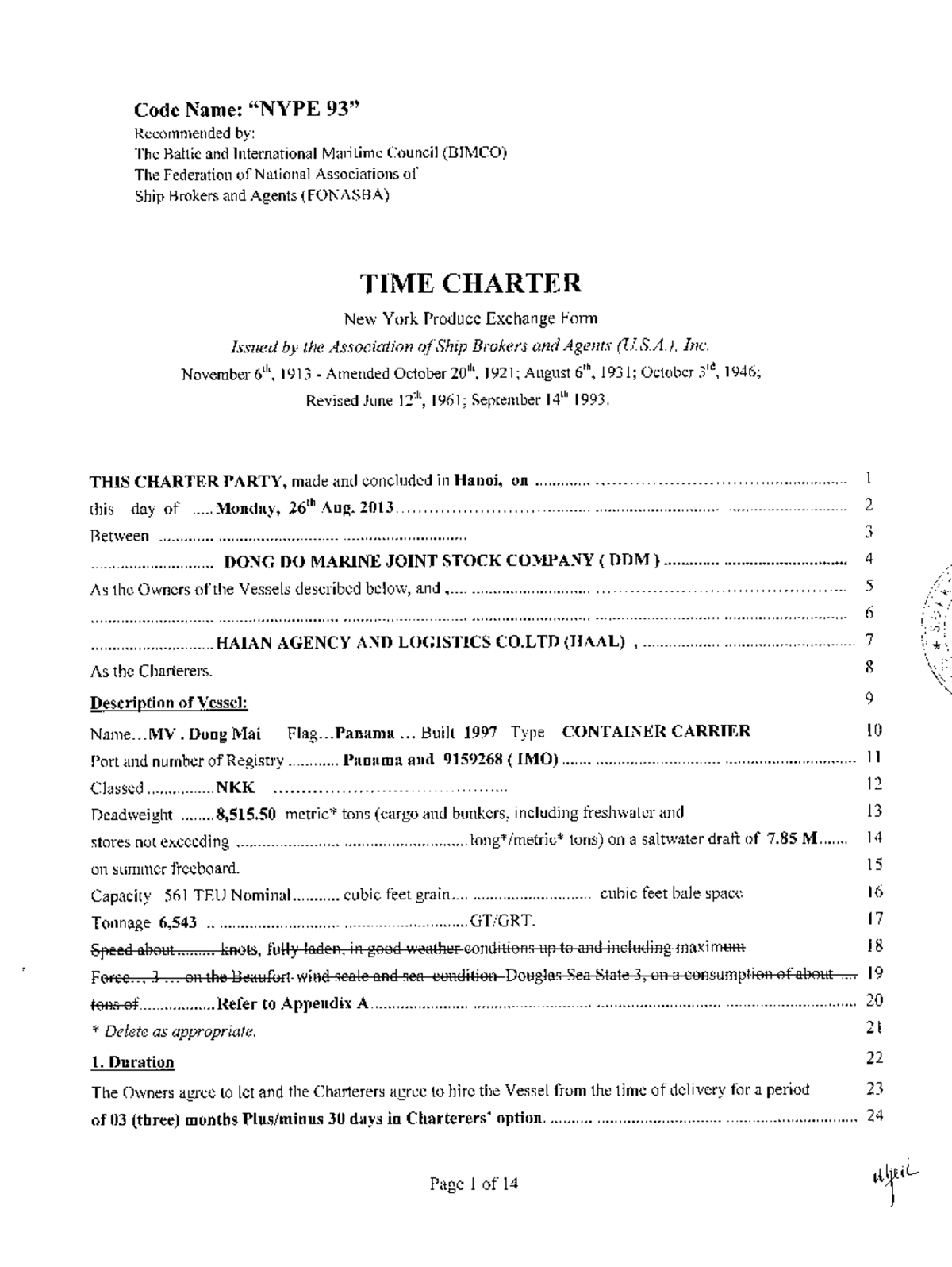 3.TIME Charter Agreement for MV Dong Mai - DDM & HAAL - Studocu