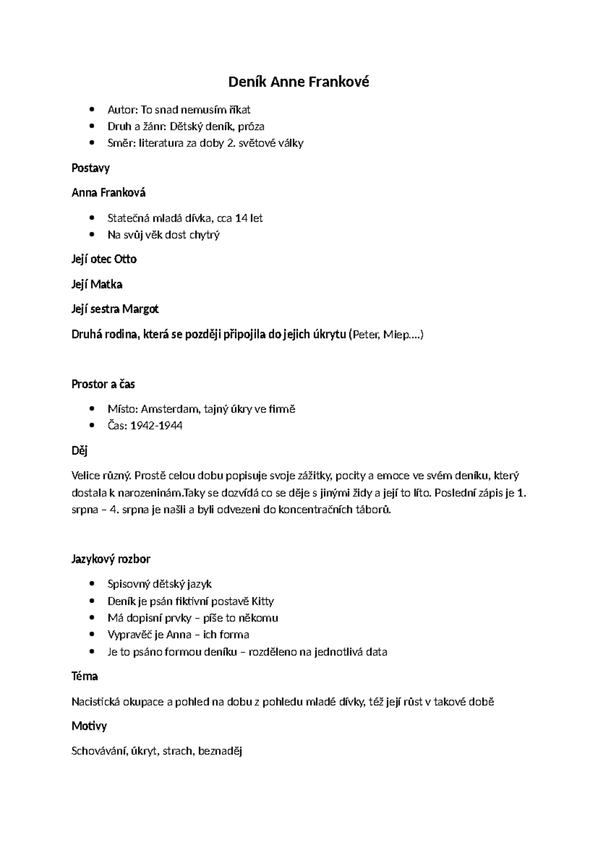 Deník Anne Frankové - Klíčové informace k zkoušce - Studocu