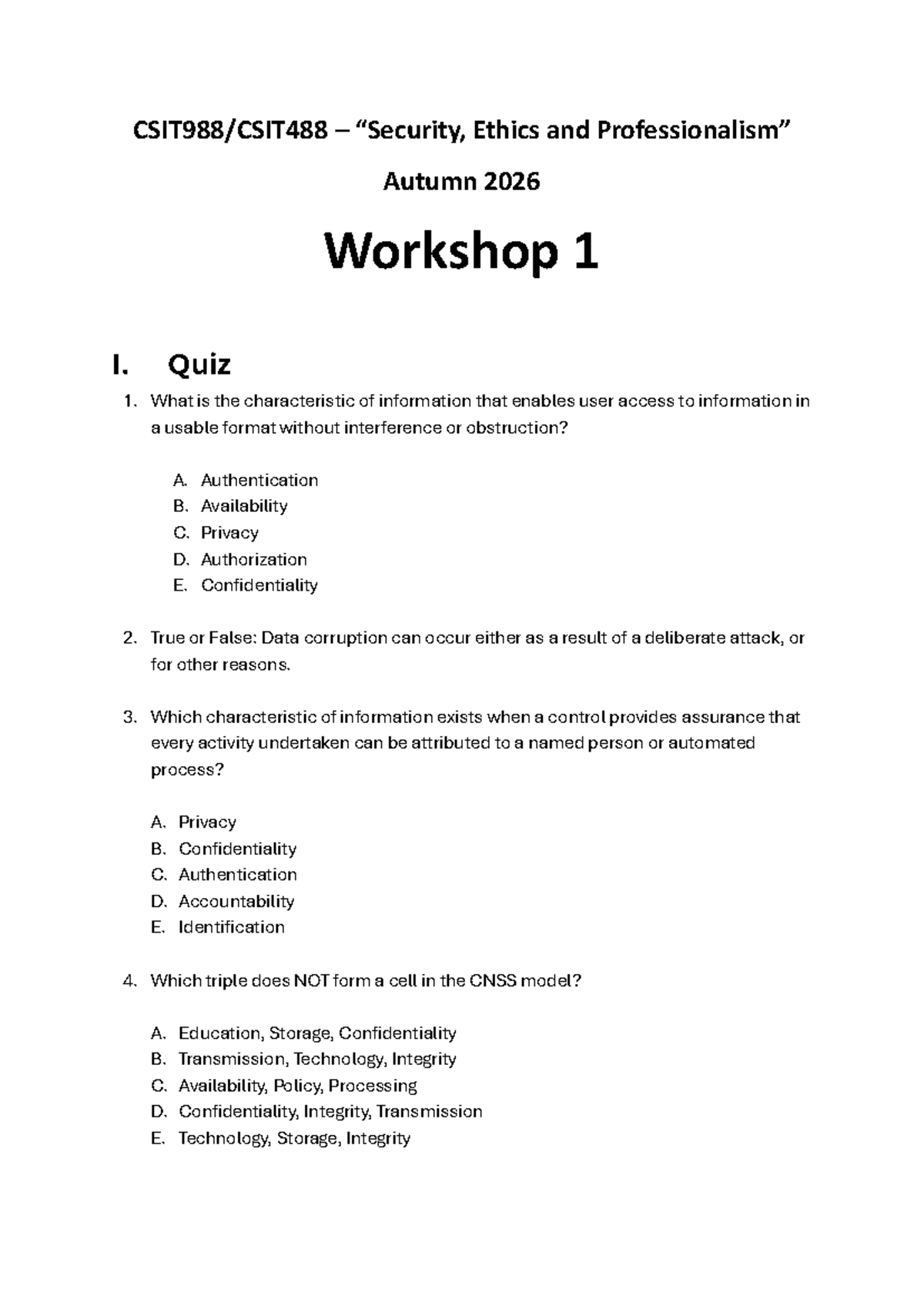CSIT988 Autumn 2026 Workshop 1: Ethics Quiz & Analysis - Studocu