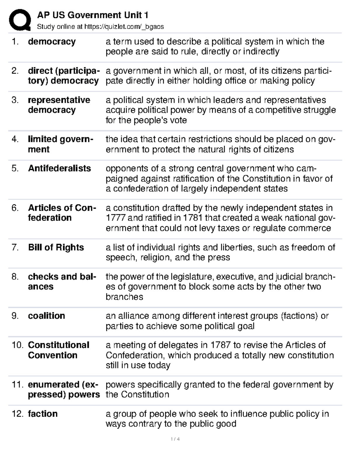 AP Gov Unit 1: Key Concepts and Definitions for Study - Studocu