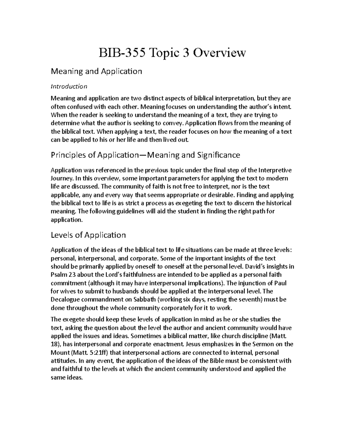 BIB-355 Topic 3 Overview: Meaning and Application - Studocu