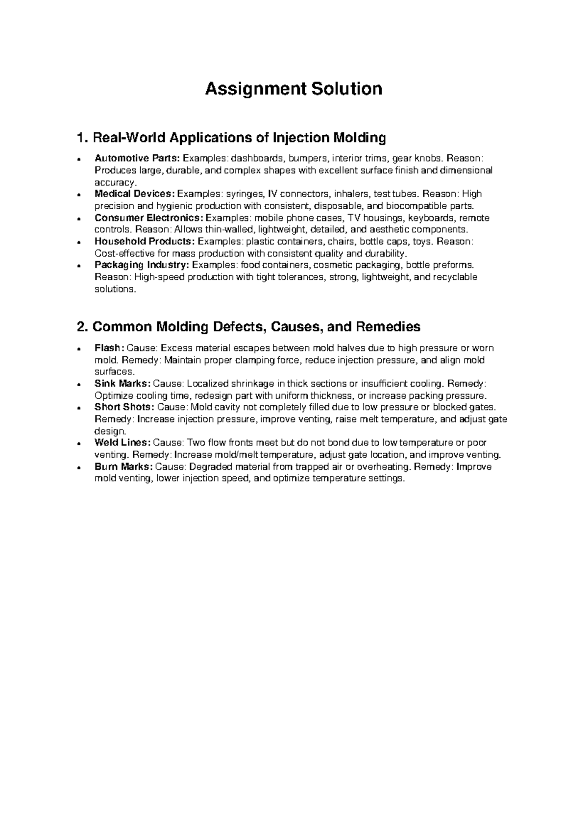 Injection Molding Assignment: Applications & Common Defects - Studocu