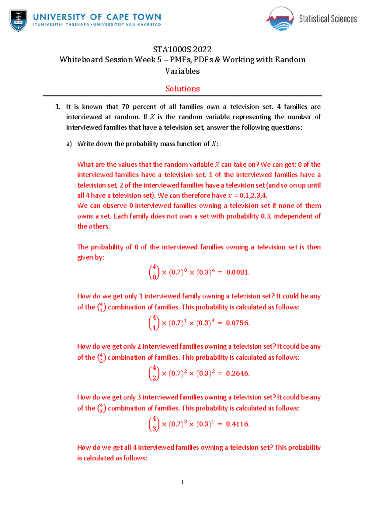WBS Week 5 Solutions for STA1000S: PMFs, PDFs & Random Variables - Studocu
