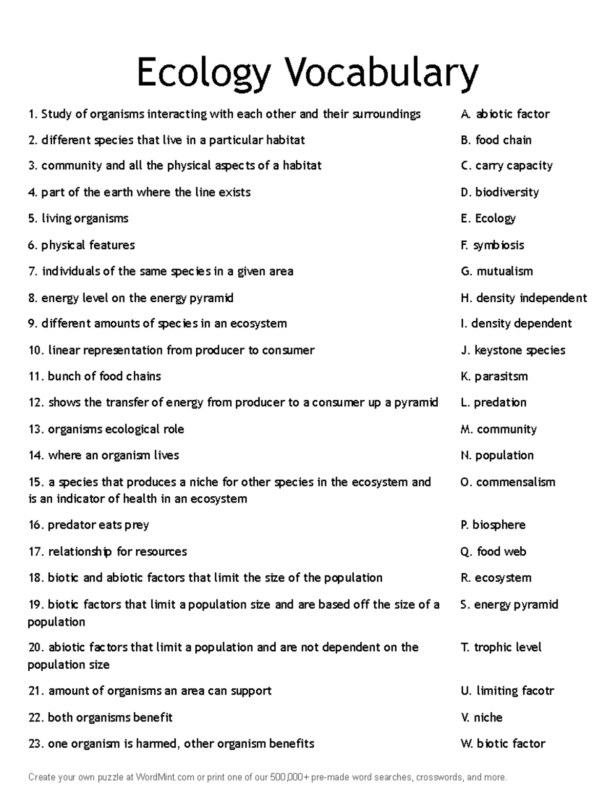 Principles of Ecology Vocabulary - Create your own puzzle at WordMint ...