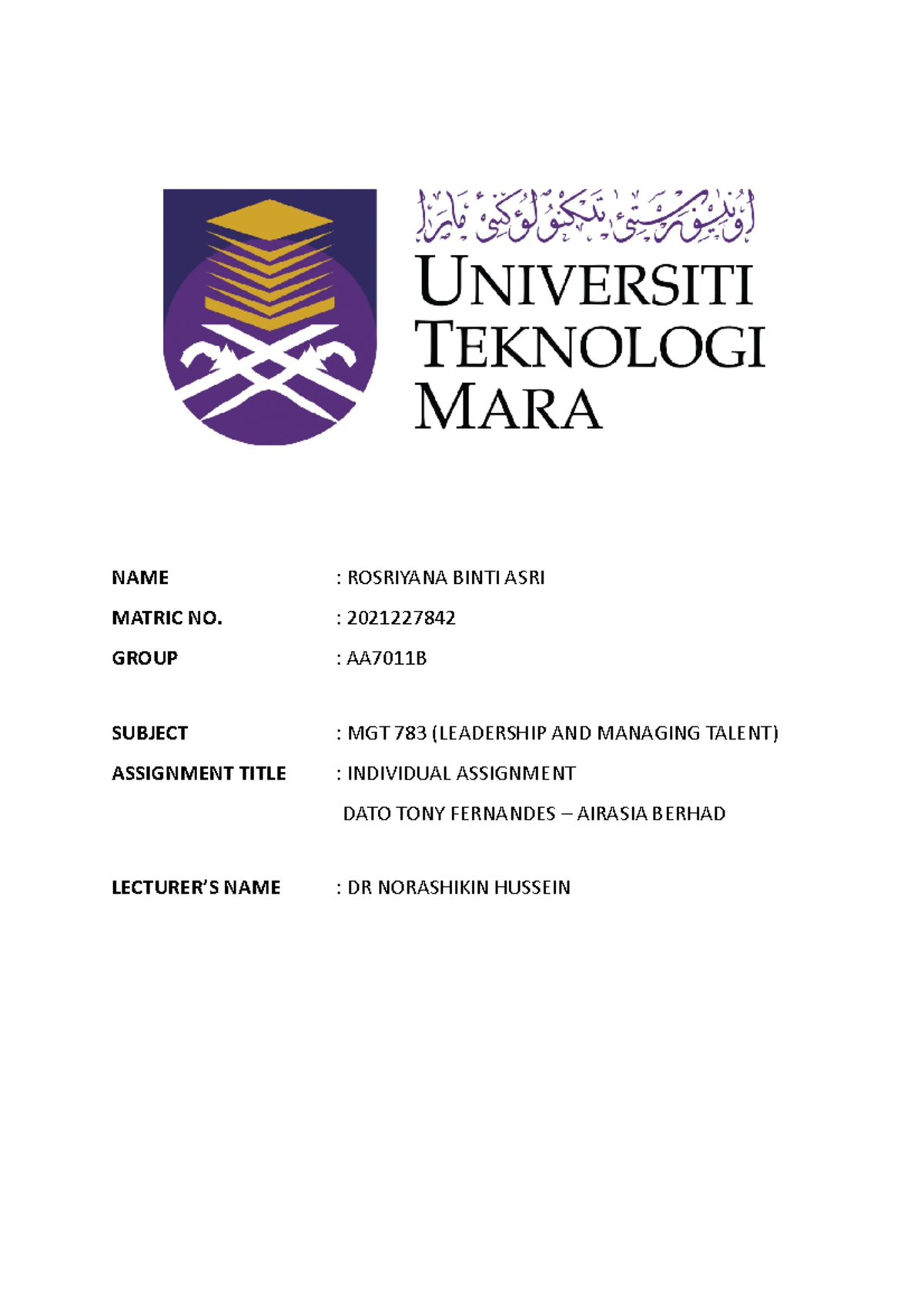 MGT783 Individual Assignment: Leadership Insights on Tony Fernandes ...
