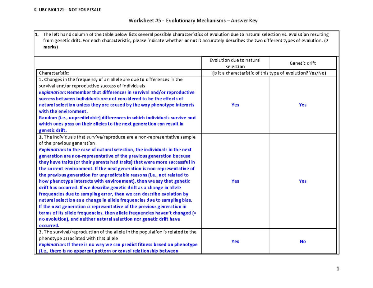 Worksheet #7 - Evolutionary Mechanisms - Natural Selection and Genetic ...