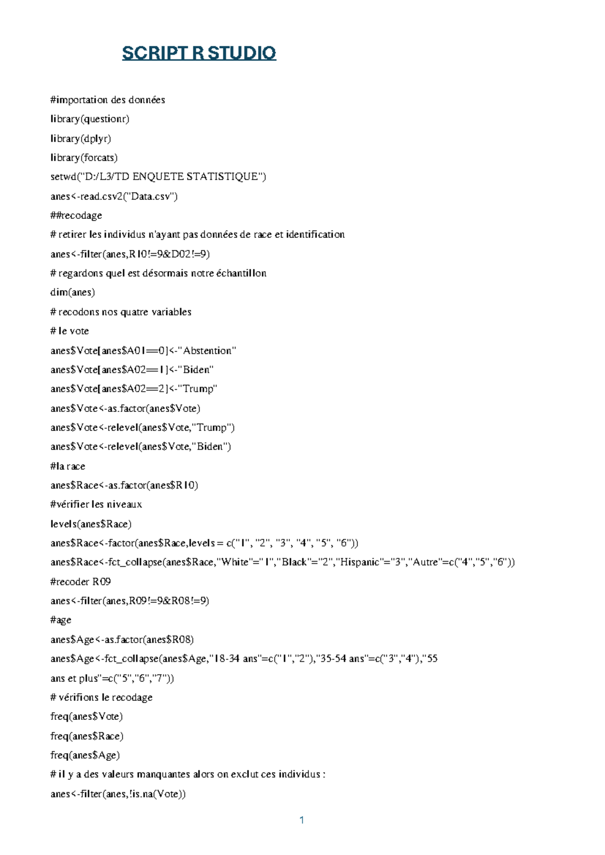 SCRIPT R STUDIO: Traitement des Données d'Enquête en R - Studocu
