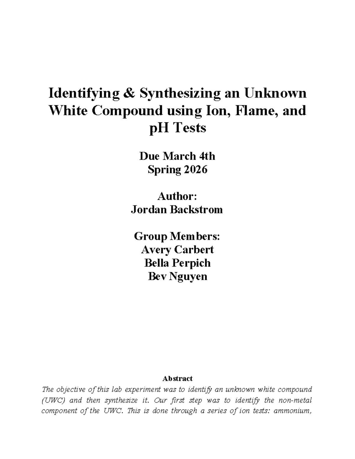 Lab Report: Identifying and Synthesizing Unknown White Compound (UWC ...