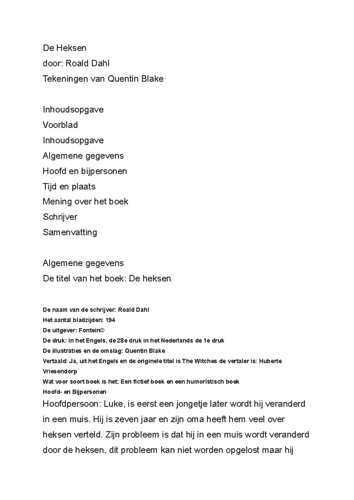 Analyse van 'The Witches' door Roald Dahl: Inhoud en Personages - Studocu