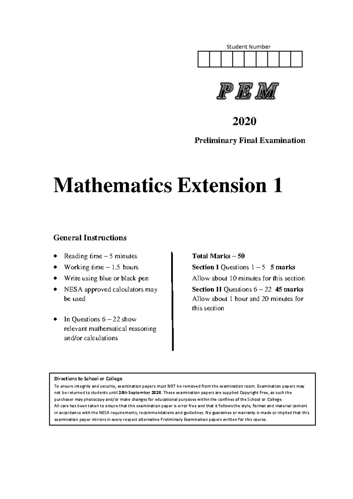 PEM 2020 Mathematics Extension 1 Preliminary Final Exam Paper - Studocu