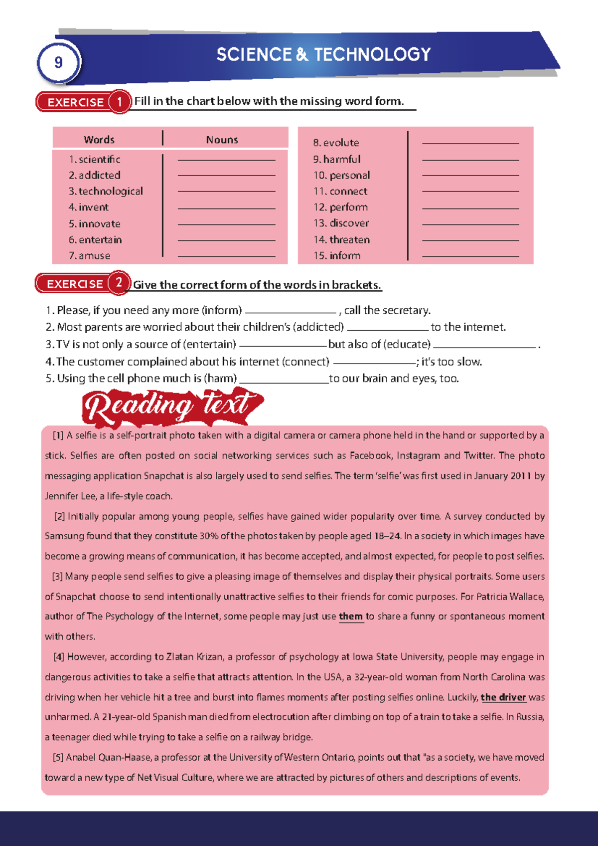 2BAC Unit 9 Science & Technology: Exercises on Word Forms and Selfies ...