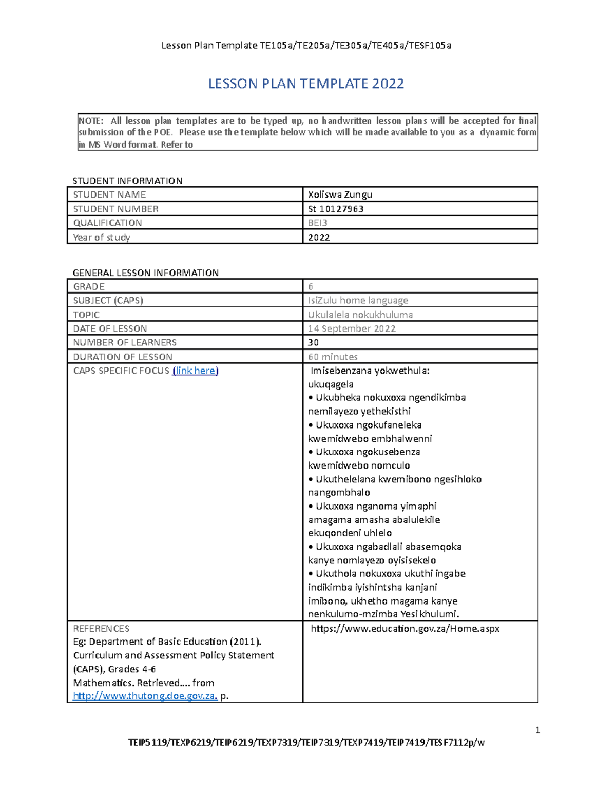 Isizulu Lesson Plan for Grade 6: Ukulalela nokukhuluma - 2022 - Studocu