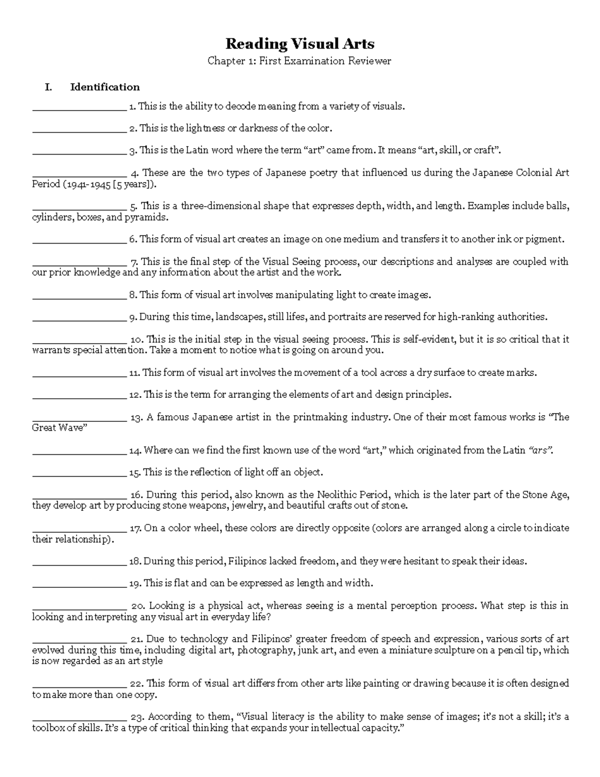 Reading Visual Arts 101: Chapter 1 Final Exam Reviewer - Studocu