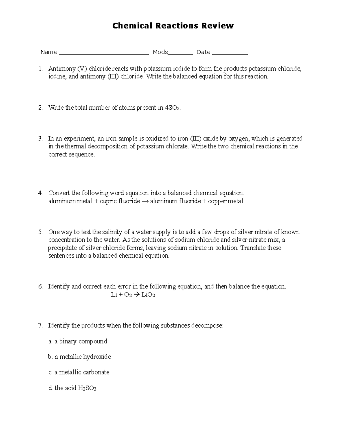 Chemical Reactions Review: Balancing & Classifications Guide - Studocu